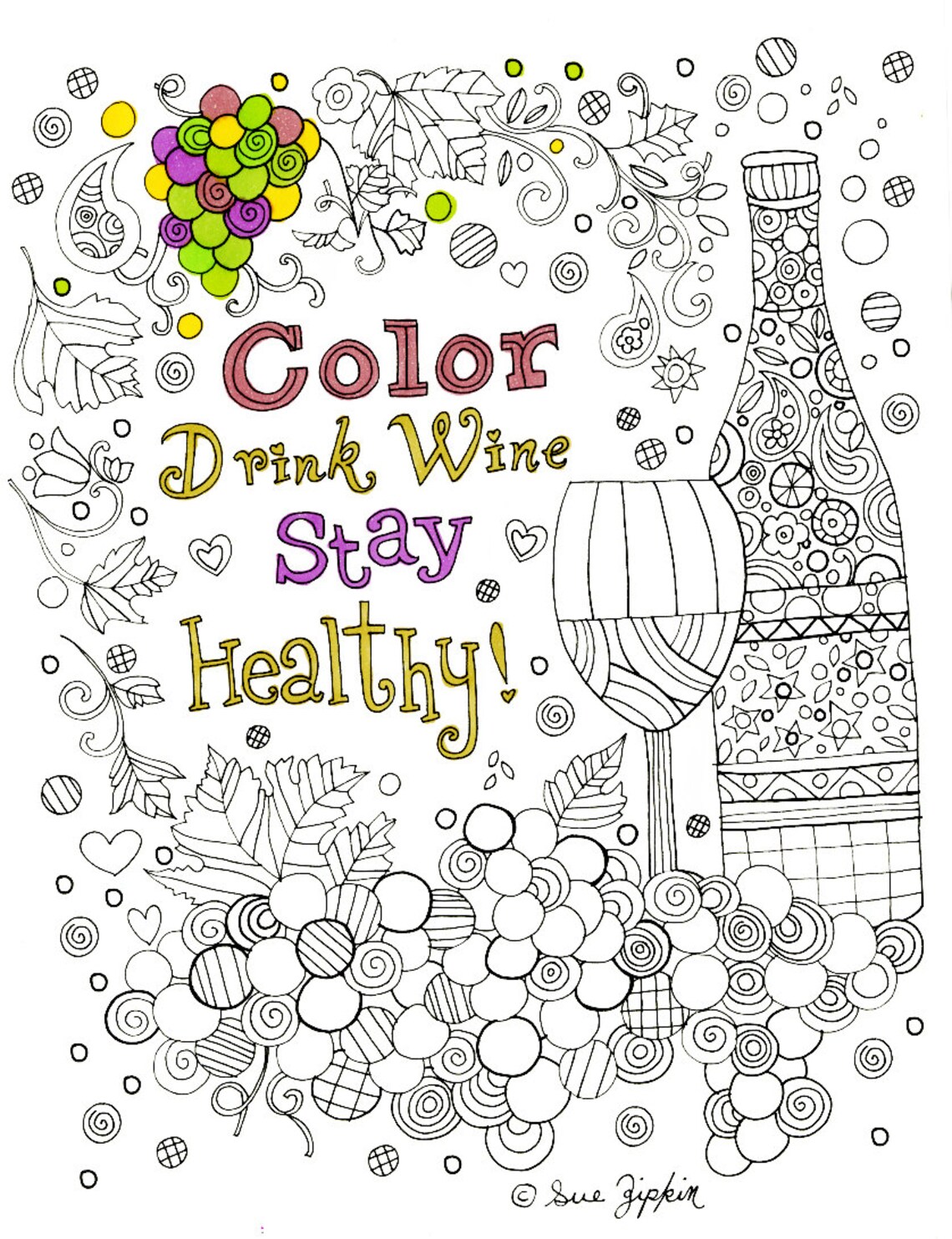 Printable Adult Wine Coloring Page for Instant Download by Sue Zipkin ...