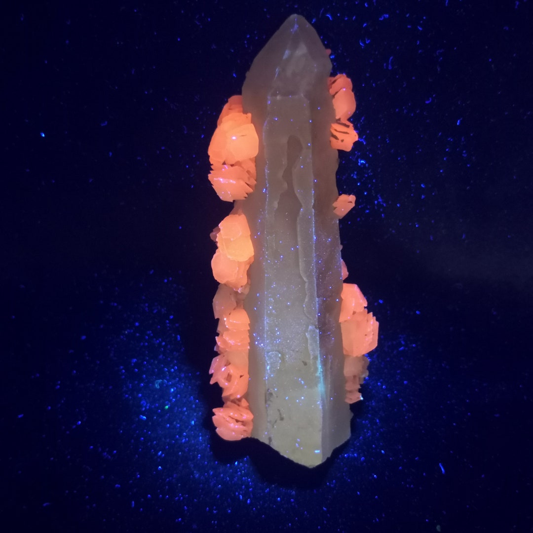 107mm 130g LARGE FLUORESCENT Calcite Blades on Skeletal Quartz, Natural ...