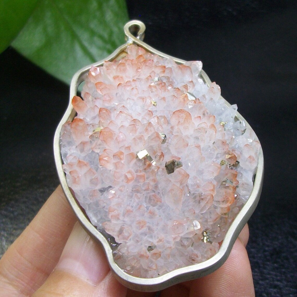 Natural Druzy Red Quartz & Pyrite With Nickel and Copper Alloy Frame ...