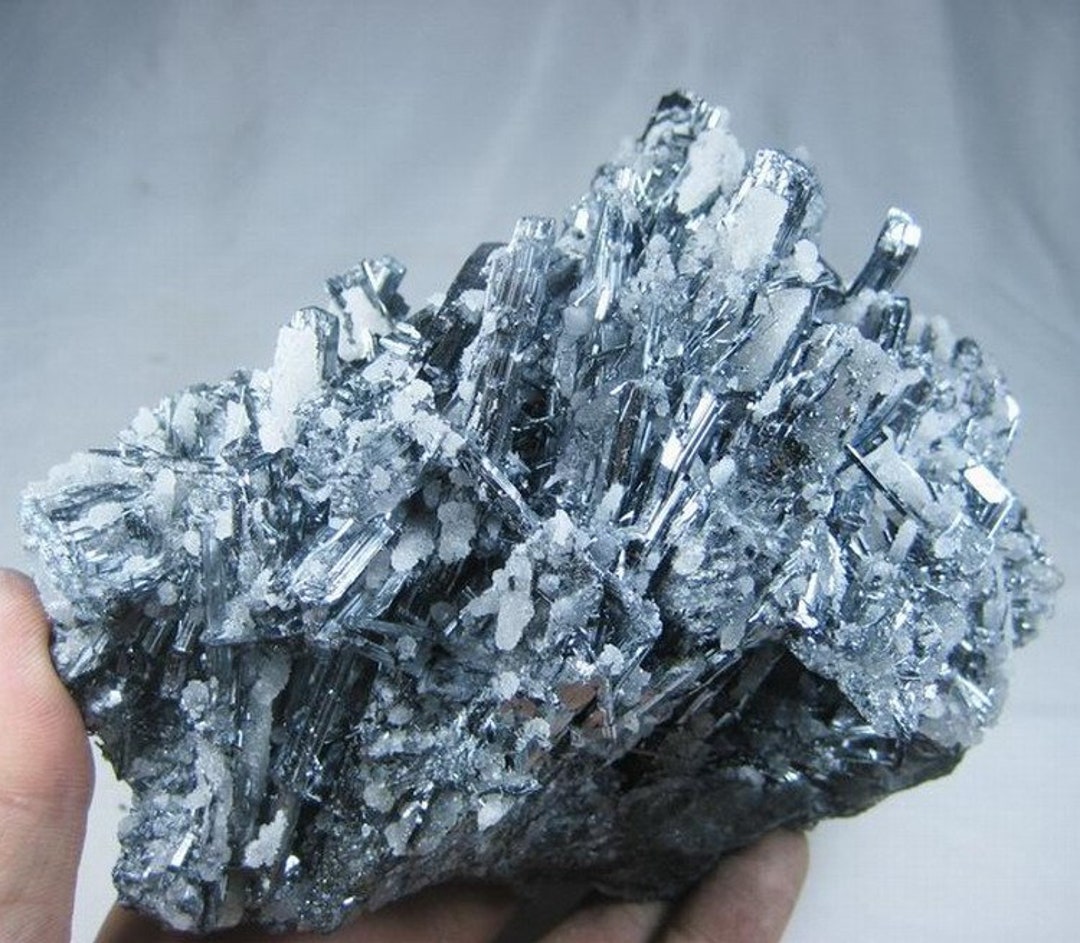 1025g 150mm Mirrow-like Lustrous Stibnite Cluster Partially Covered by ...