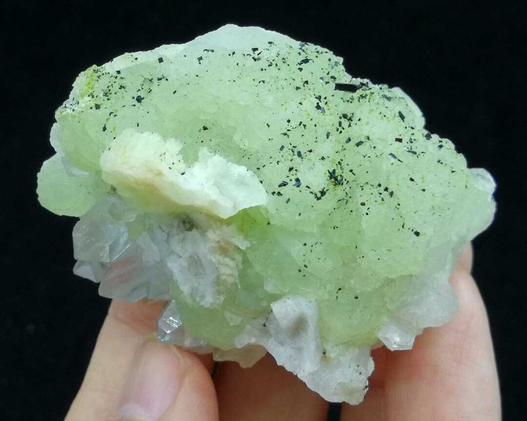 52mm Beautiful Light Green Prehnite With Clear Quartz and Black ...