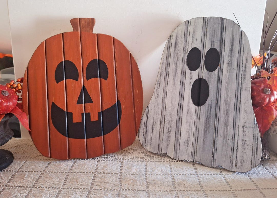 Rustic Wooden Jack-o-lantern and Primitive Wood Ghost Pair Halloween ...