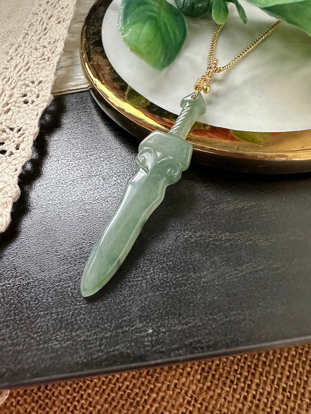 Icy Bluish Floral Green Type A Grade A Natural Jadeite Jade Sword 14K ...