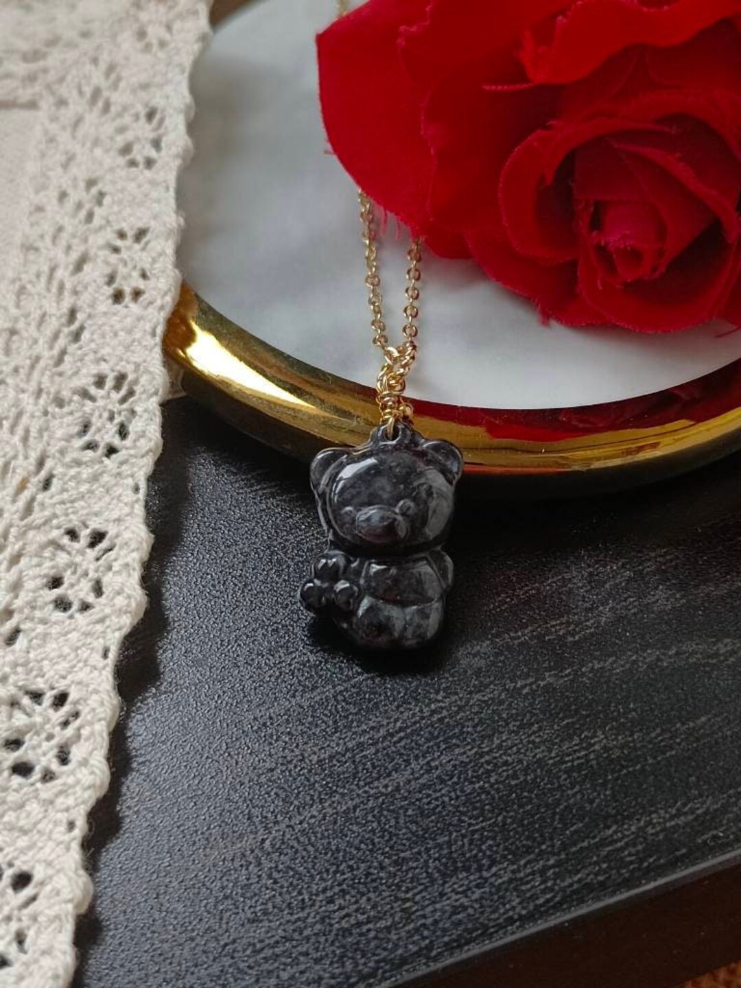 Black and Grey Type A Natural Jadeite Jade Fei Cui Cute Bear Pendant in ...