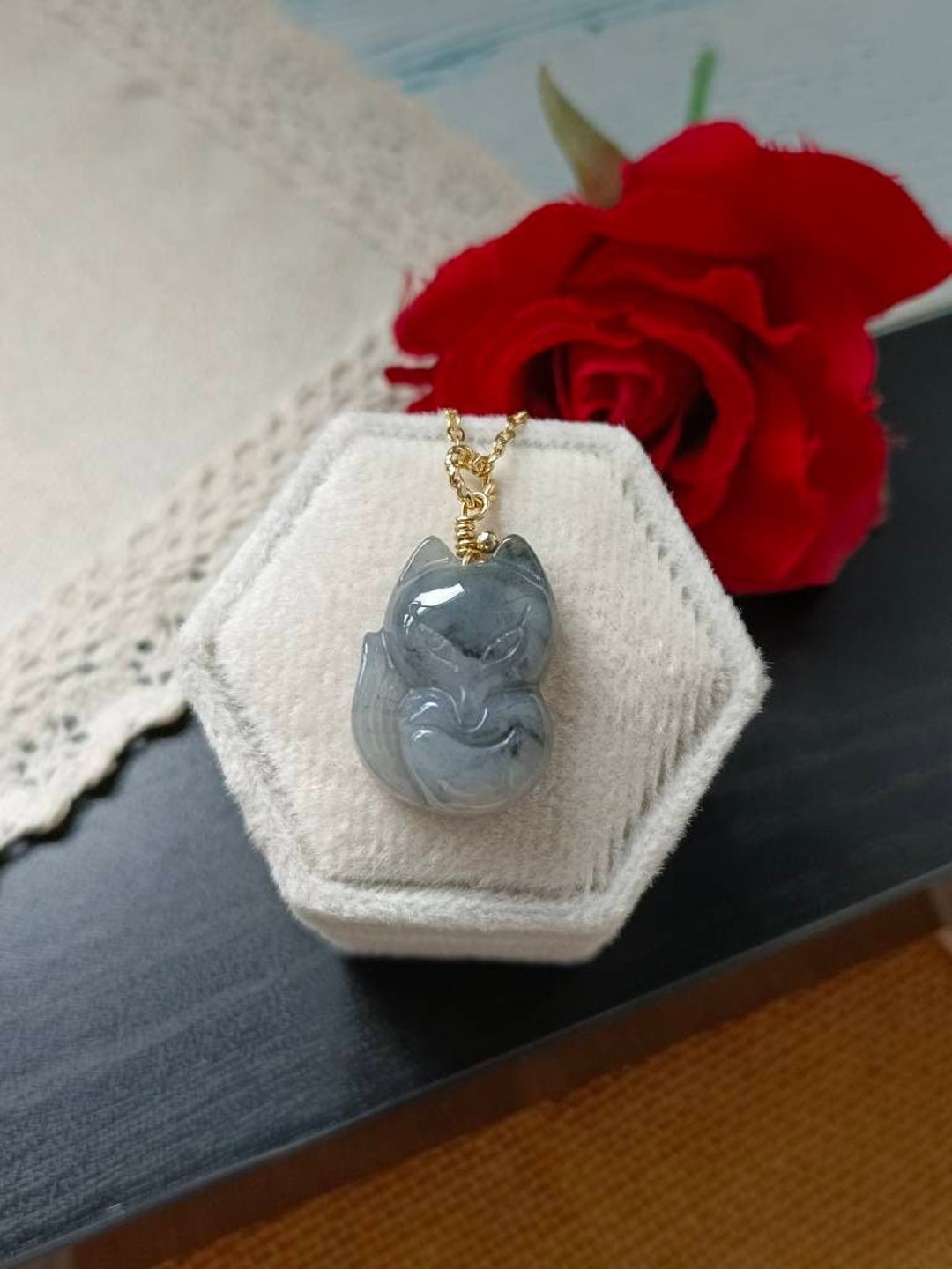 Icy Black and Grey Type A Natural Jadeite Jade Fei Cui Fox Pendant in ...