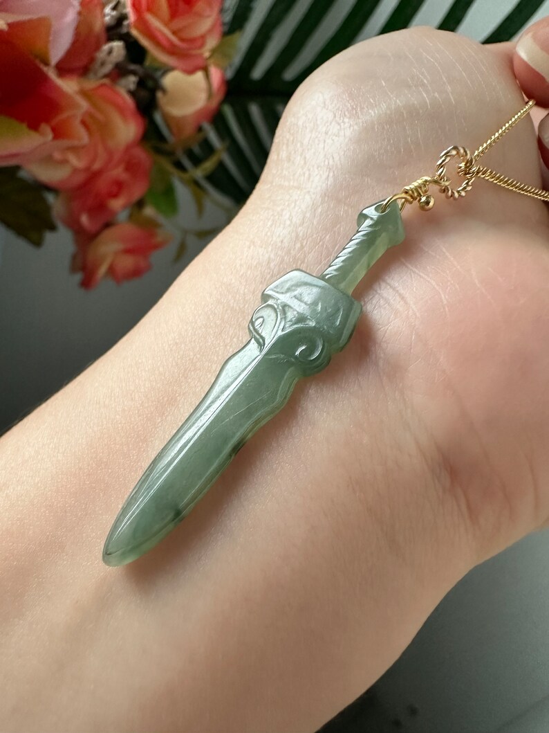Icy Bluish Floral Green Type A Grade A Natural Jadeite Jade Sword 14K ...