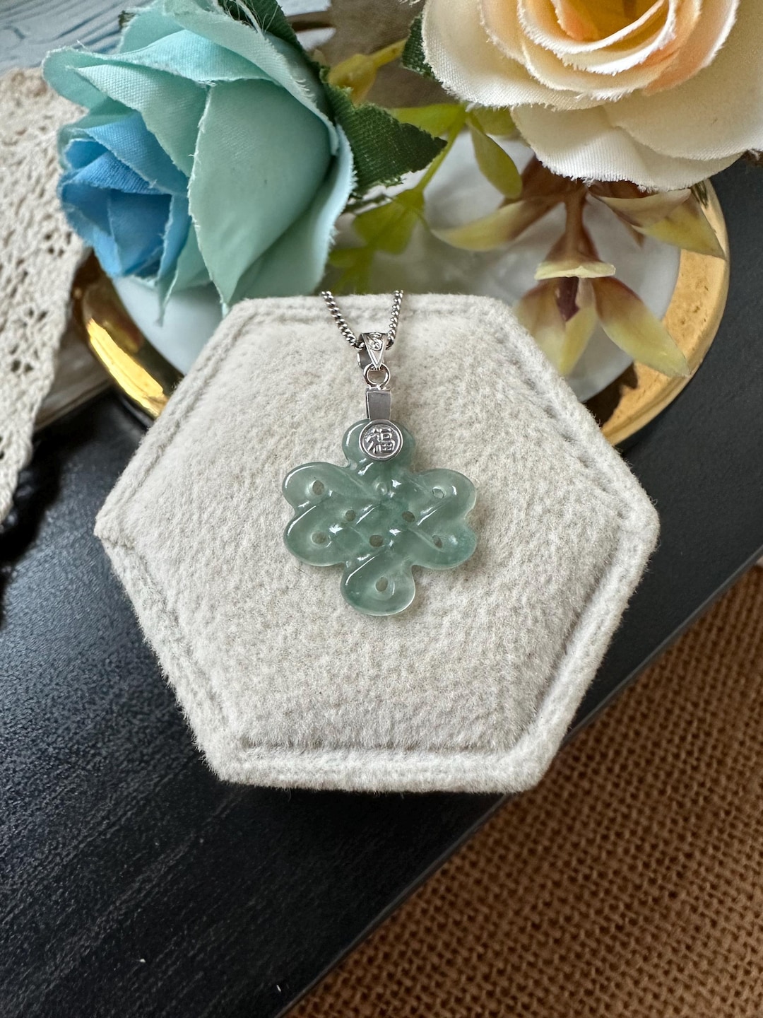 Icy Light Blue Type A Grade A Natural Jadeite Jade Fei Cui 18K White Gold Chinese Fu Word ...