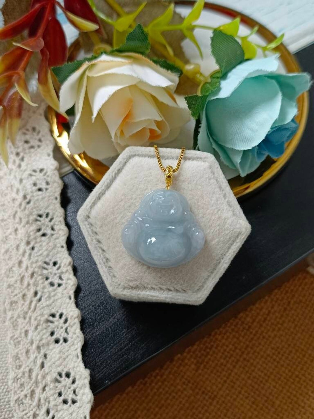 Icy Light Blue Type A Grade A Natural Jadeite Jade Fei Cui Buddha 18K Gold Pendant - Etsy Singapore