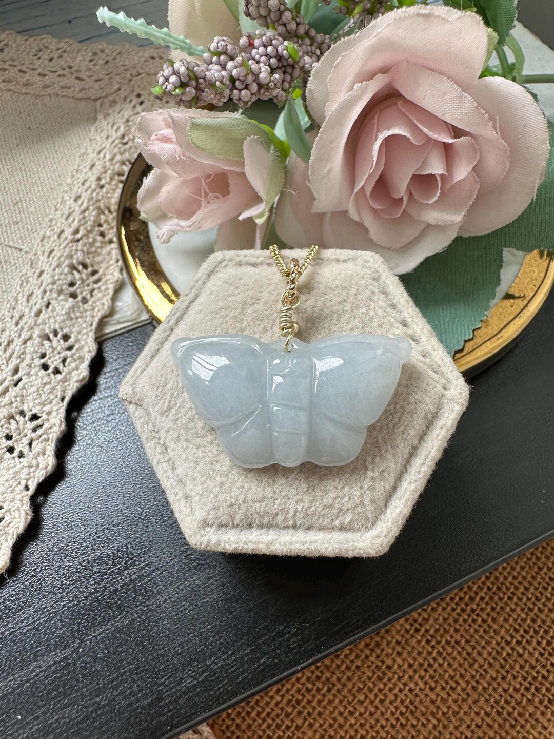 Light Powder Blue Type A Grade A Natural Jadeite Jade Fei Cui Butterfly 14K Gold Filled Pendant ...