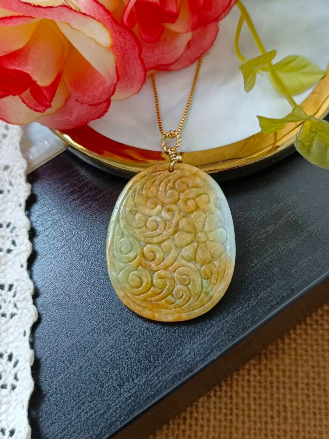 Unique Tri Colour Type A Natural Jadeite Jade Fei Cui Vintage Flower ...