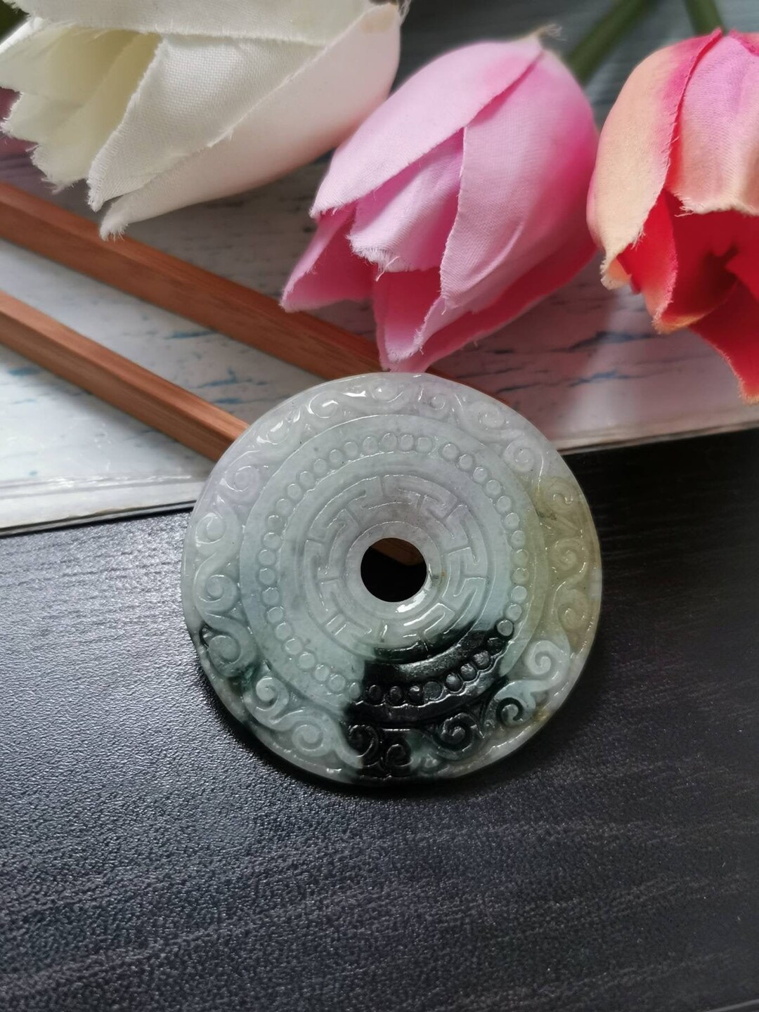 Tri Colour Type A Grade A Natural Jadeite Jade Fei Cui Carving Donut ...