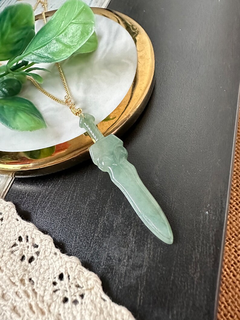 Icy Bluish Floral Green Type A Grade A Natural Jadeite Jade Sword 14K ...