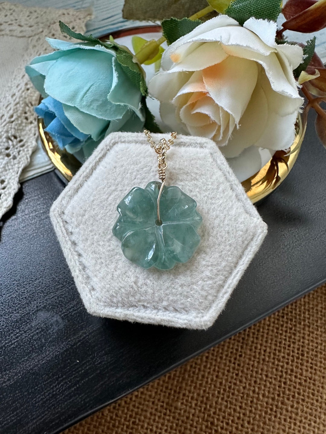 Icy Light Blue Type A Grade A Natural Jadeite Jade Fei Cui 14K Gold ...