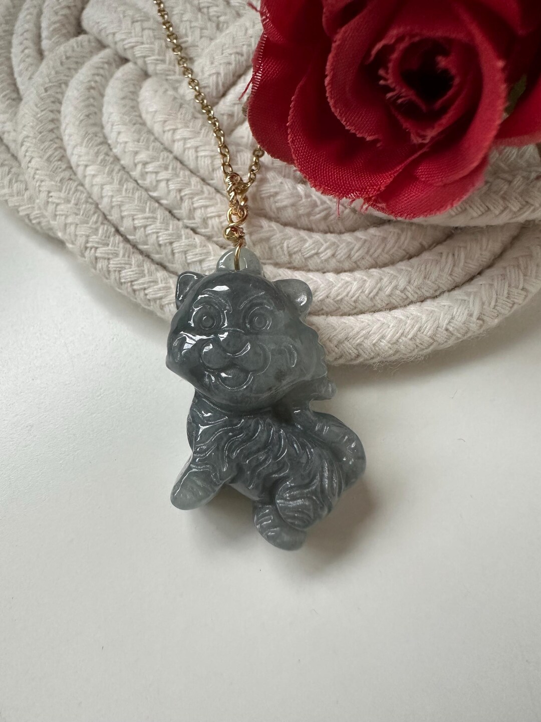 Icy Grey Type A Grade A Natural Jadeite Jade Fei Cui Cute Tiger 14K ...