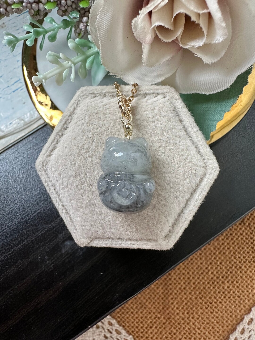 Black Grey Type A Grade A Natural Jadeite Jade Fei Cui 3D Manekineko ...