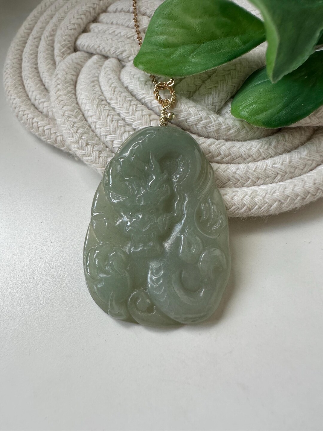 Light Green Type A Grade A Natural Jadeite Jade Fei Cui Dragon 14K Gold ...