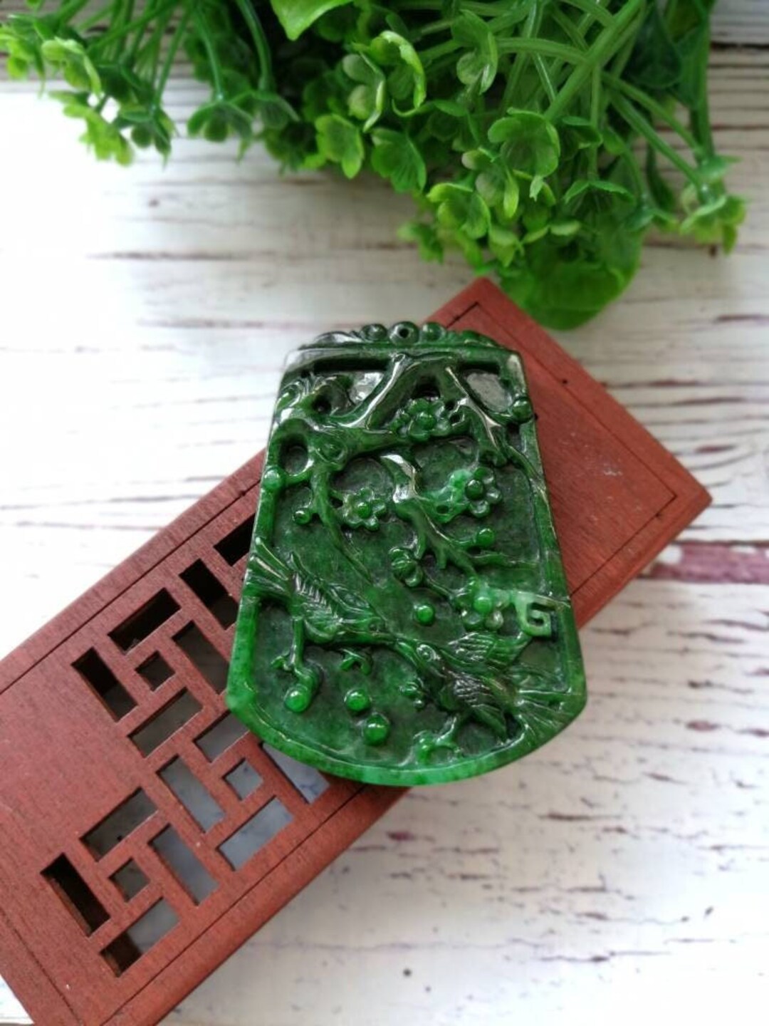 Imperial Green Type A Jadeite Jade Double Sided Carving Bird,cherry ...