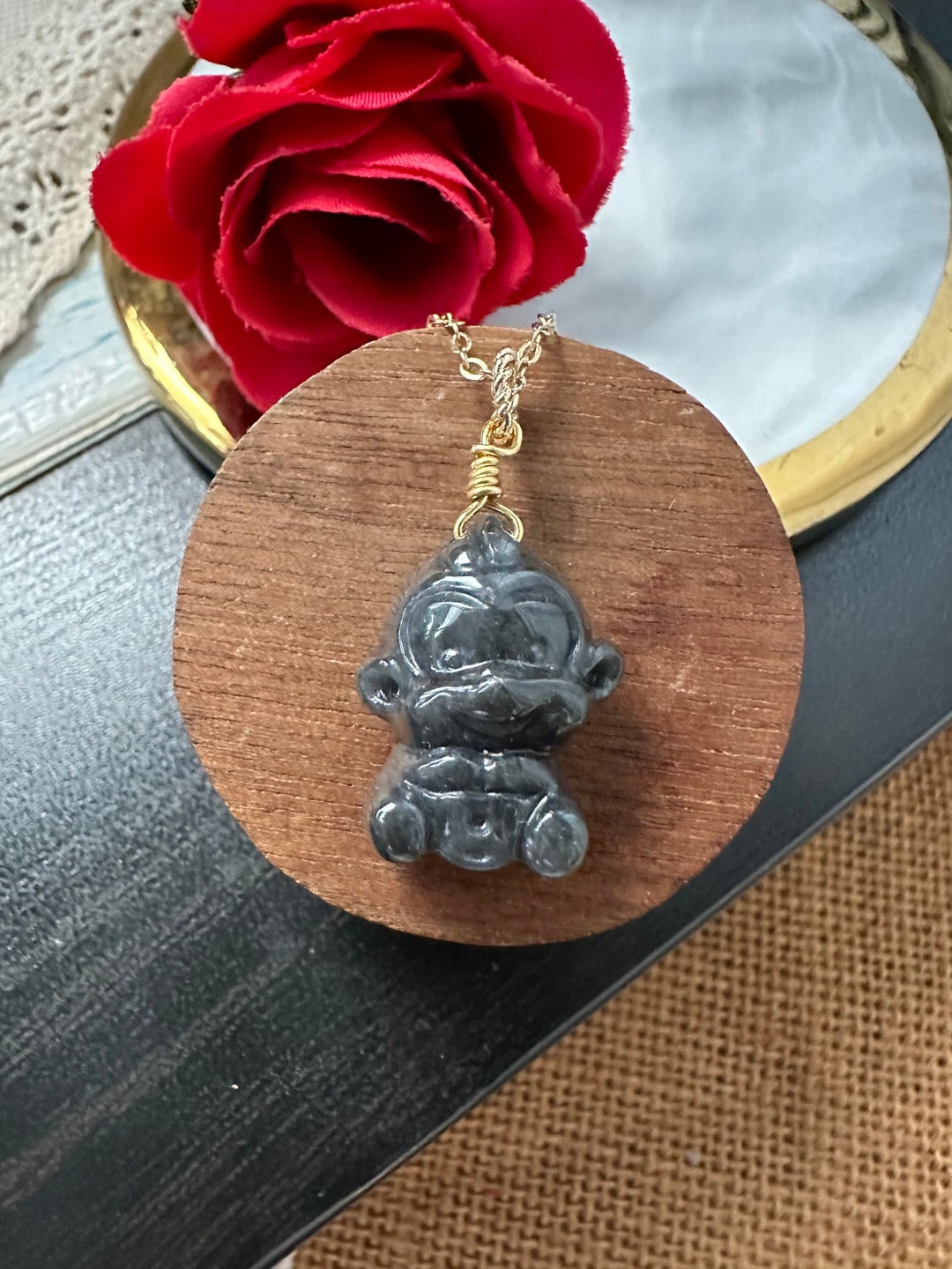 Black Type A Grade A Natural Jadeite Jade Fei Cui 3D Cure Monkey 14K ...