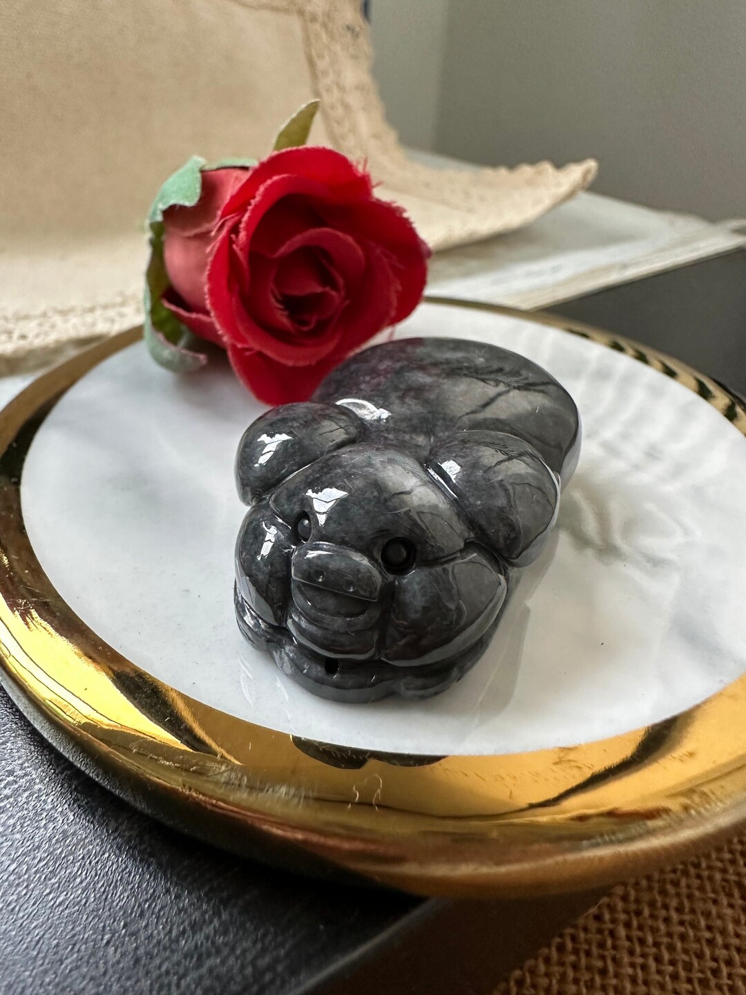 Black and Grey Type A Grade A Natural Jadeite Jade Fei Cui 3D Cute Pig ...