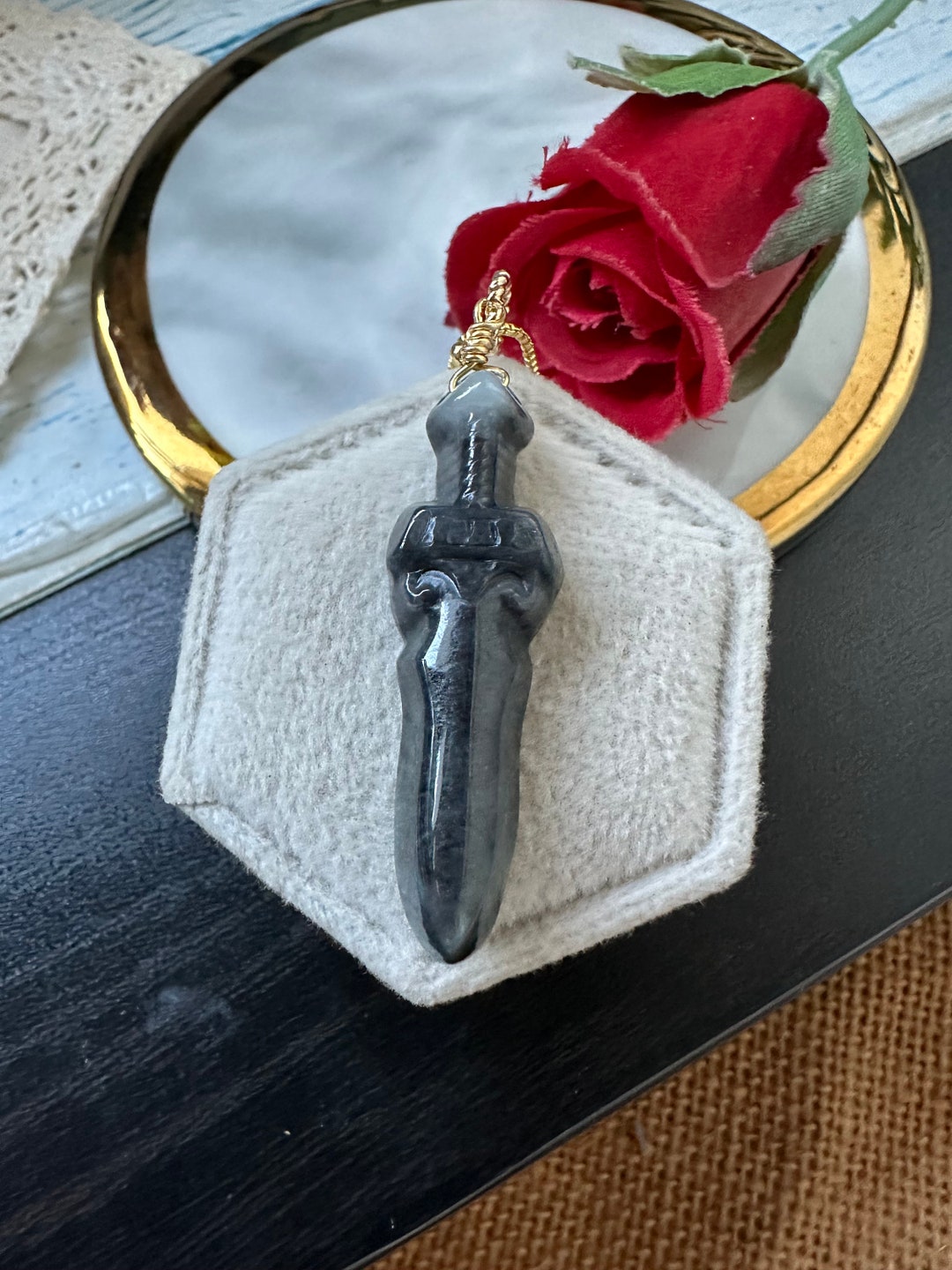 Black and White Type A Grade A Natural Jadeite Jade Fei Cui Sword 14K ...