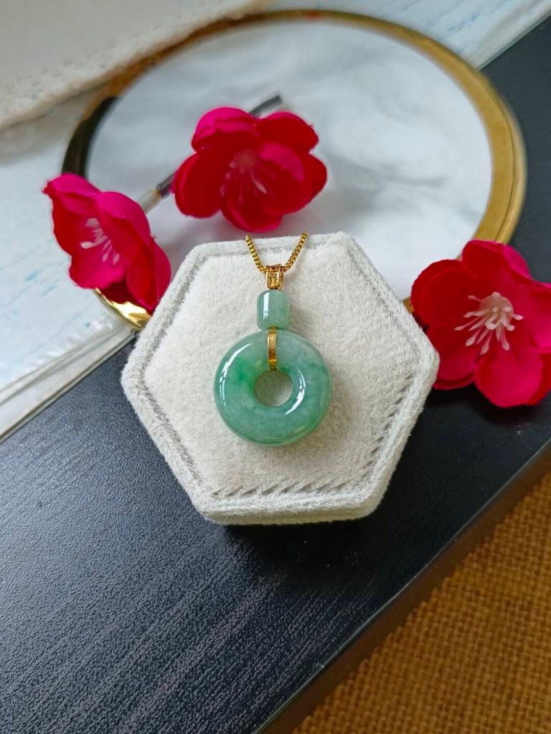 Apple Green Vein Type A Natural Jadeite Jade Fei Cui Donut Pendant in ...