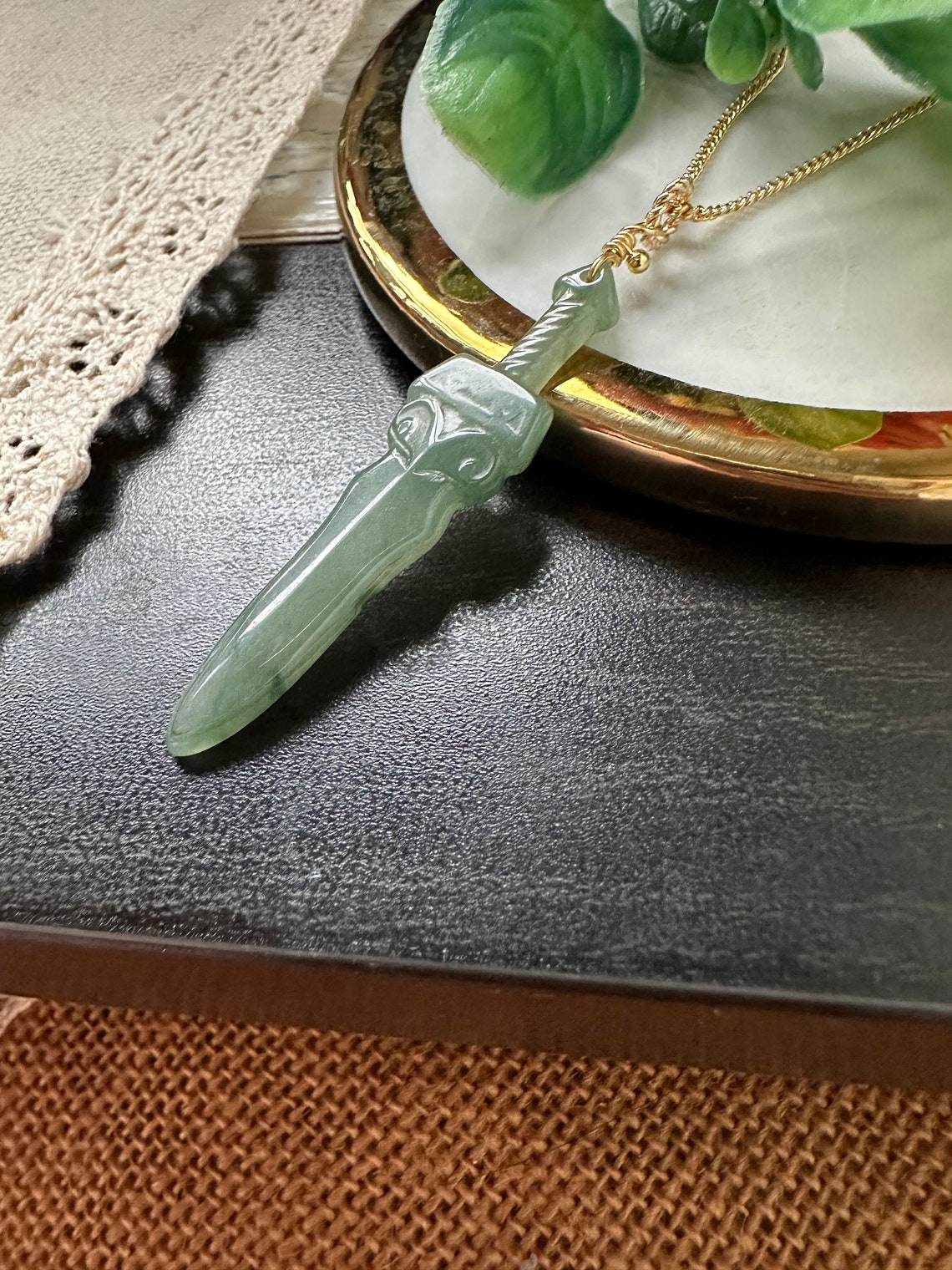 Icy Bluish Floral Green Type A Grade A Natural Jadeite Jade Sword 14K ...