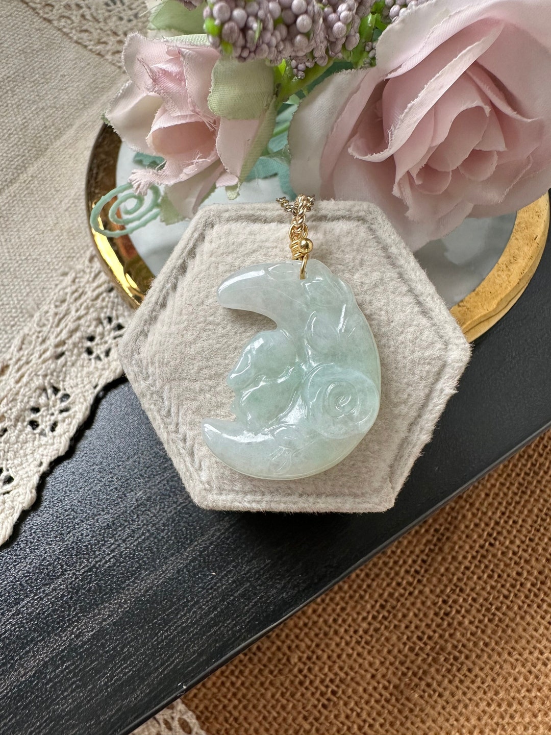 Light Faint Green Type A Grade A Natural Jadeite Jade Fei Cui Rabbit on ...