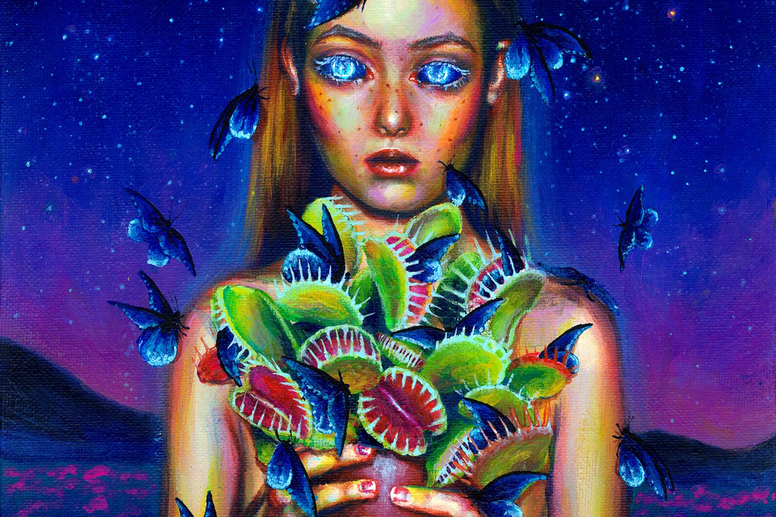 Macabre art print psychedelic portrait of alien girl | Etsy