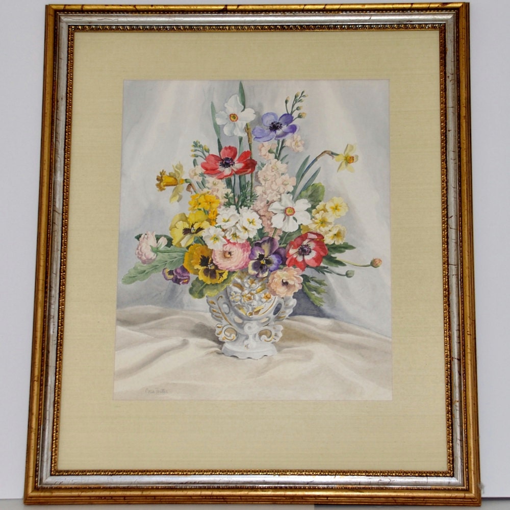 Vintage Cora Foster Watercolor Painting, Spring Flowers Still Life ...