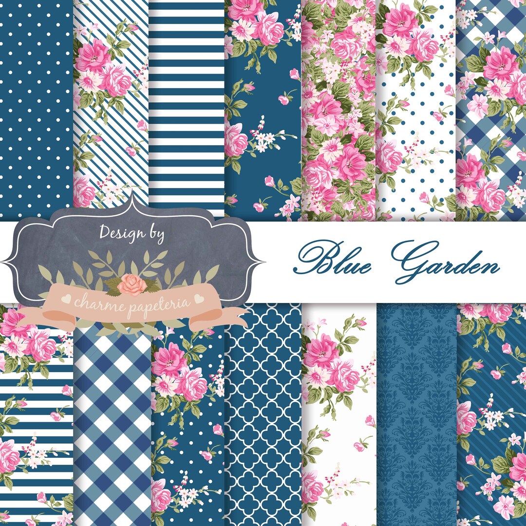 Floral Digital Paper, Flower Digital Paper, Dark Blue Shabby Chic ...