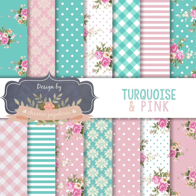Shabby Chic Digital Paper, Floral Digital Paper, Turquoise Floral Paper ...
