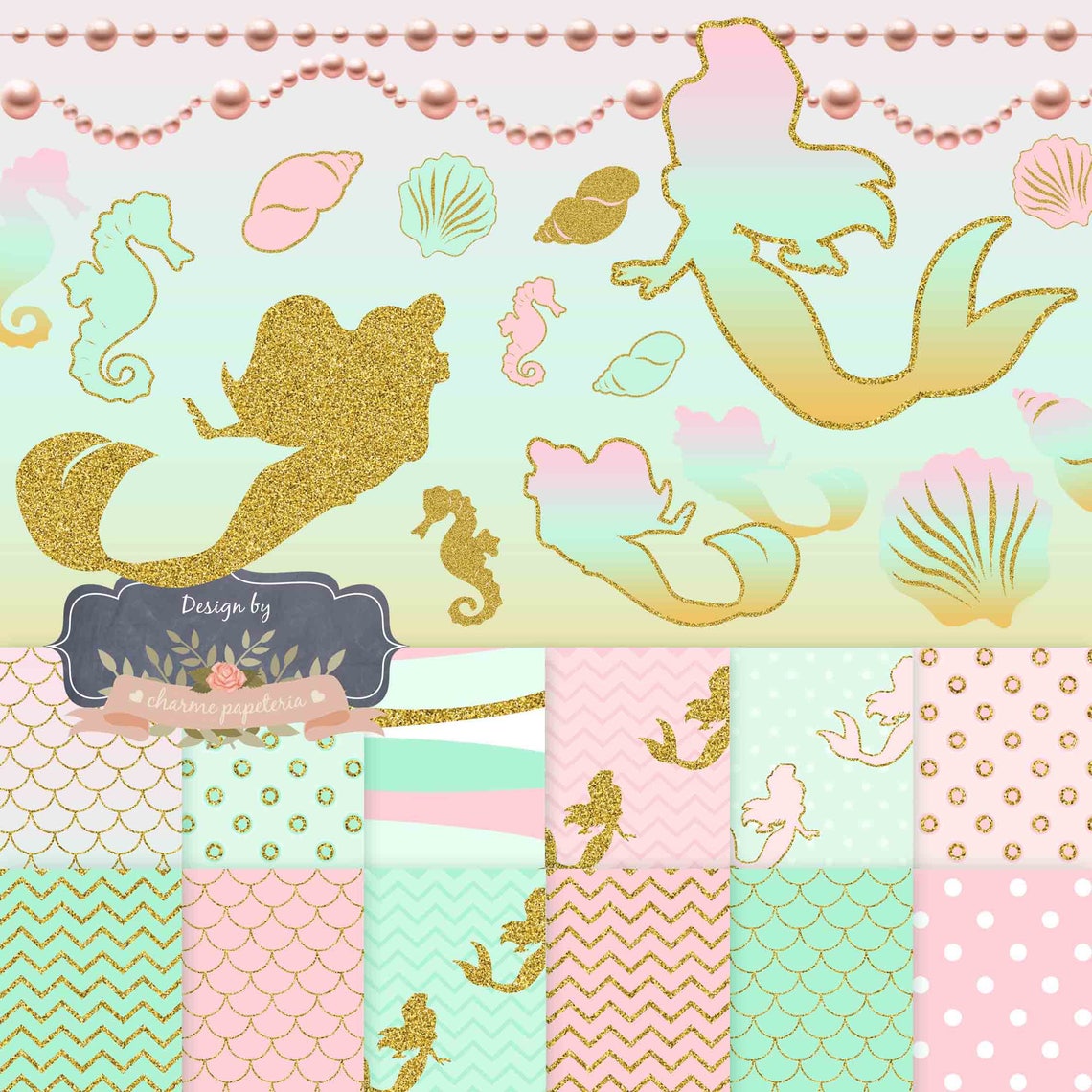 Golden Mermaid Digital Paper + Golden Mermaid Clipart, Aqua, Pink, Pink ...