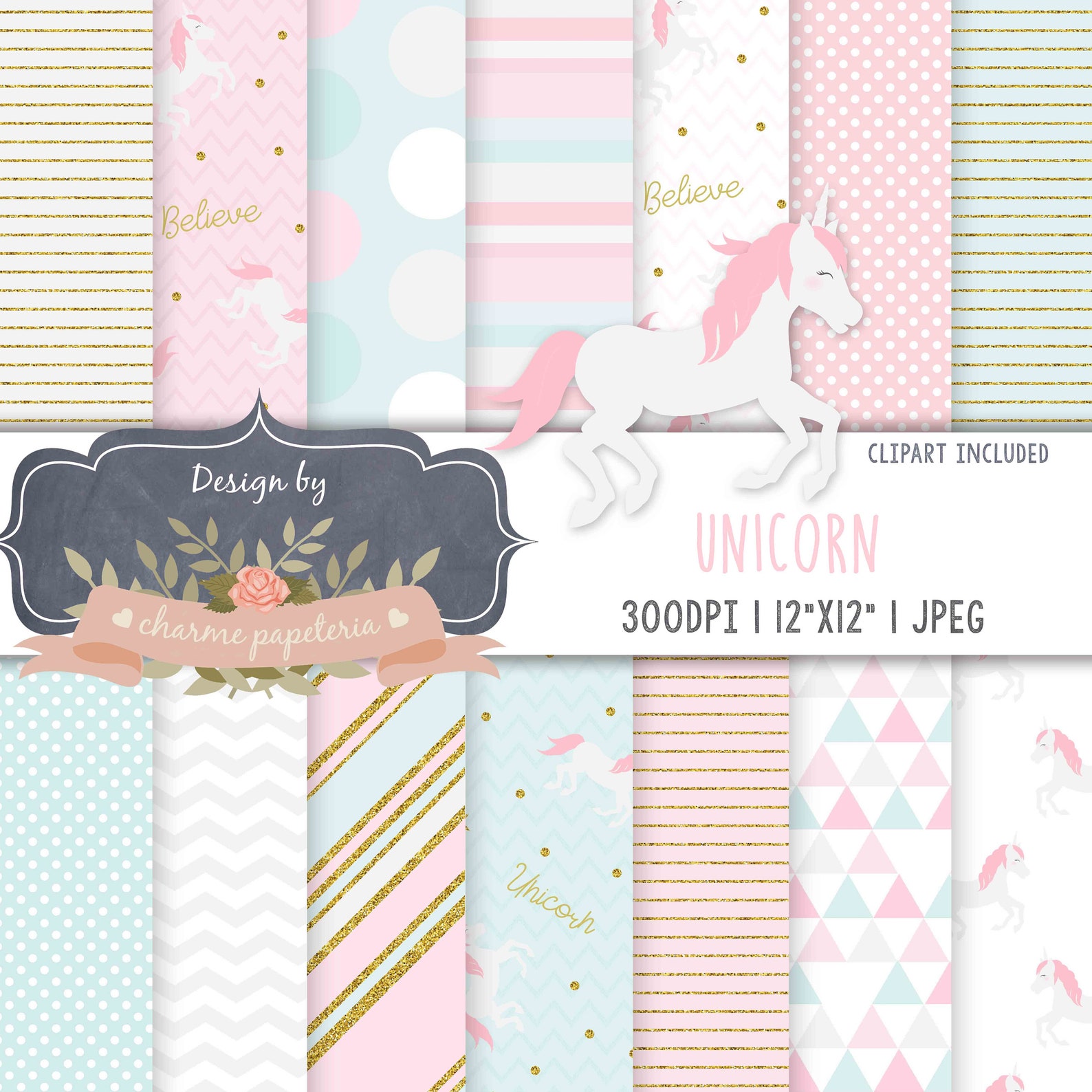 Unicorn Digital Paper, Unicorn Clipart, Gold Glitter Unicorn, Magical ...