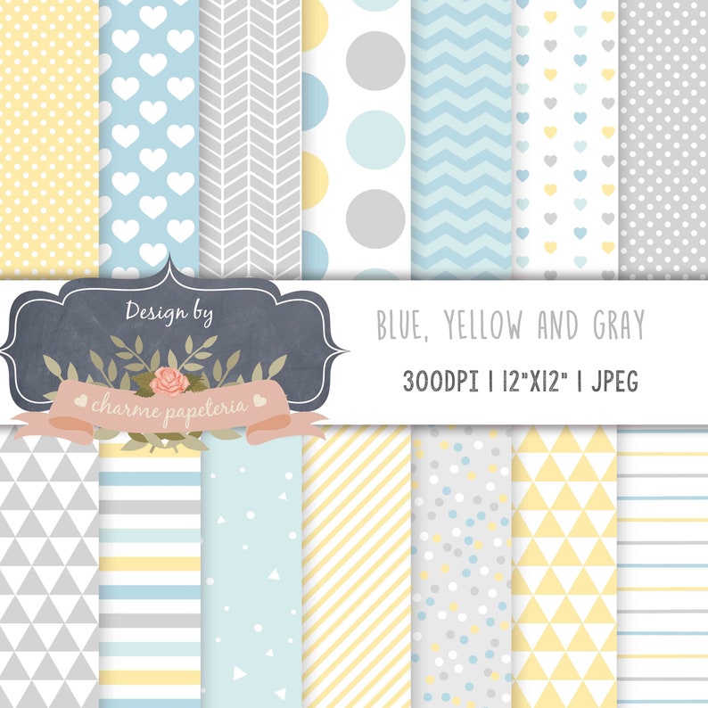 Baby Boy Digital Paper, Baby Blue and Yellow Digital Paper, Chevron ...