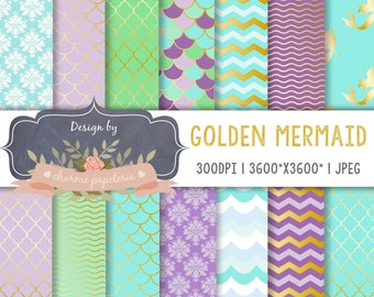 Golden Mermaid Digital Paper Aqua Pink Mermaids Pattern | Etsy