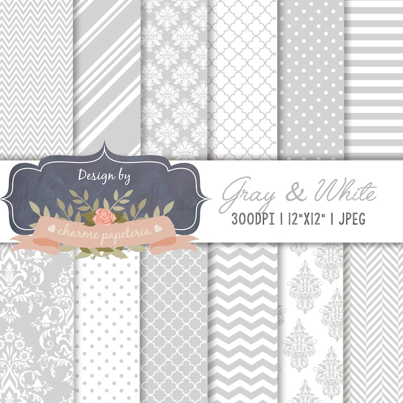 Digital Gray Paper, Chevrons, Stripes, Polka Dot, Instant Download ...
