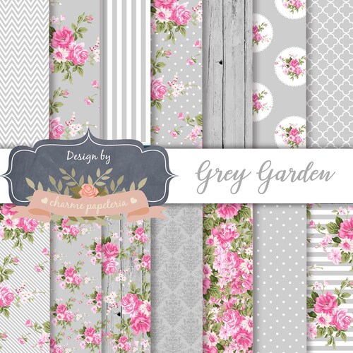 Pink and Grey Floral Digital Paper Garden Shabby Chic Digital - Etsy