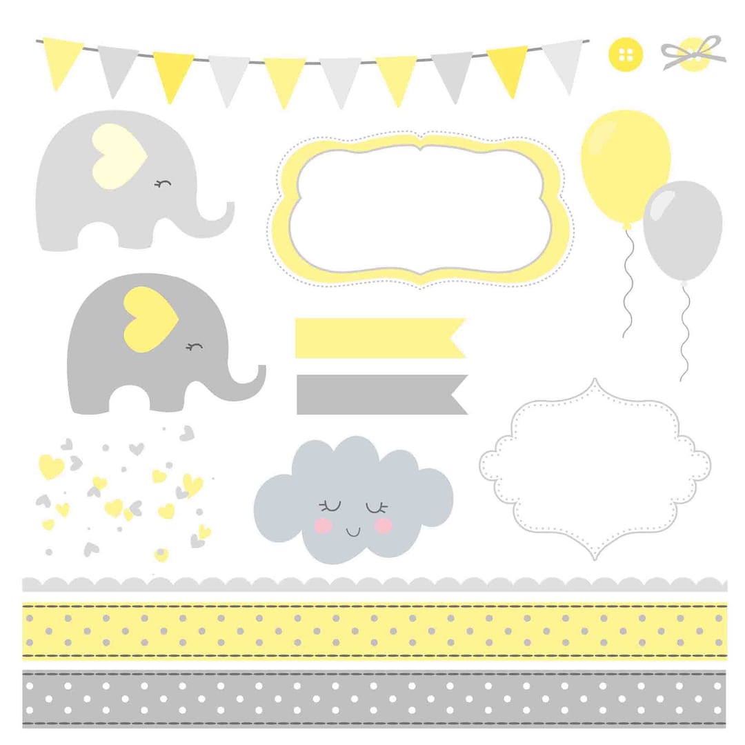 Cute Gray AND Yellow Elephants Digital Clipart, Yellow and Grey ...