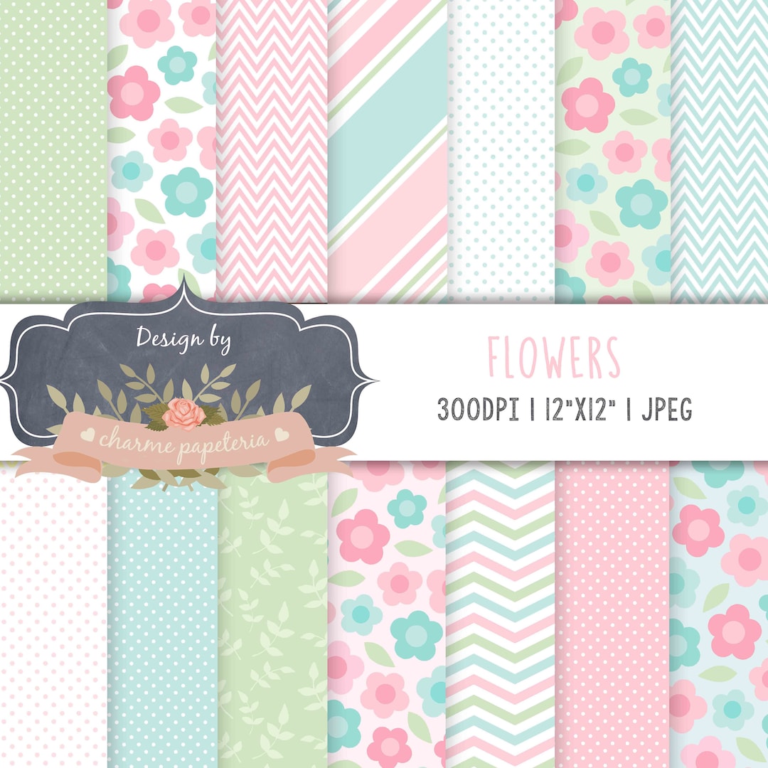 Cute Flowers Paper Spring Digital Paper Blue Pink Flowers - Etsy