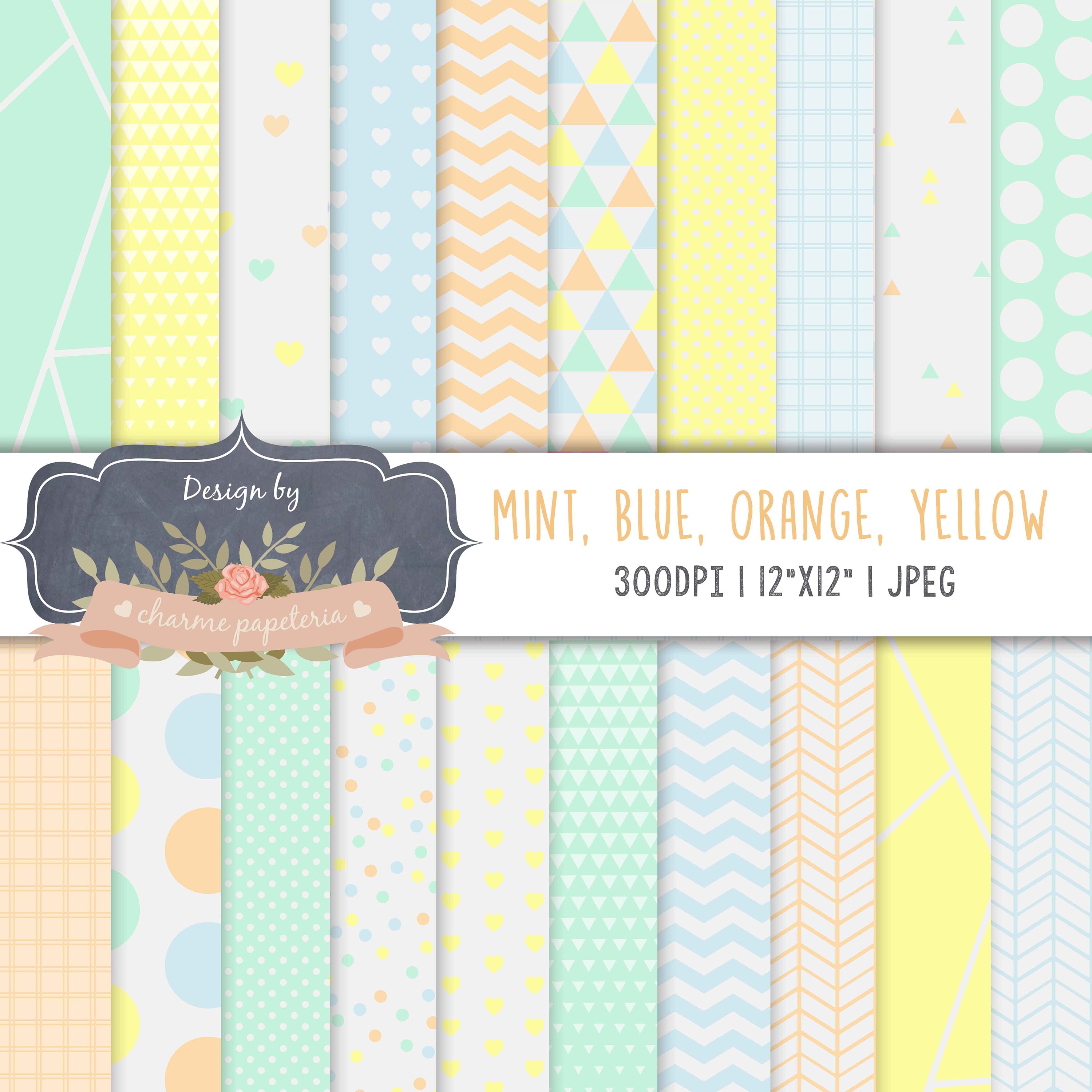 Geometric Digital Paper, Orange, Yellow, Mint and Blue Papers, Baby Boy ...