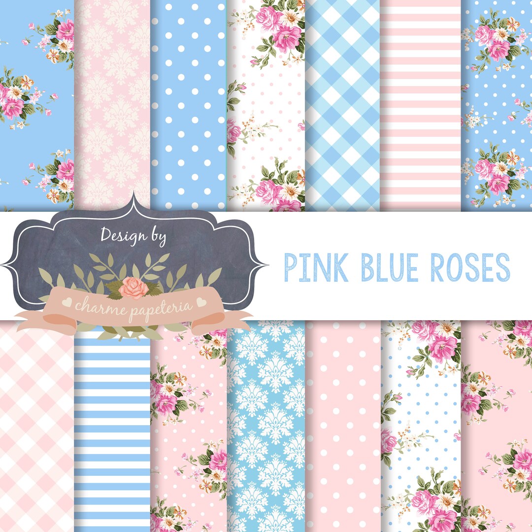 Pink and Blue Floral, Shabby Chic Digital Paper, Pink Blue Flowers ...