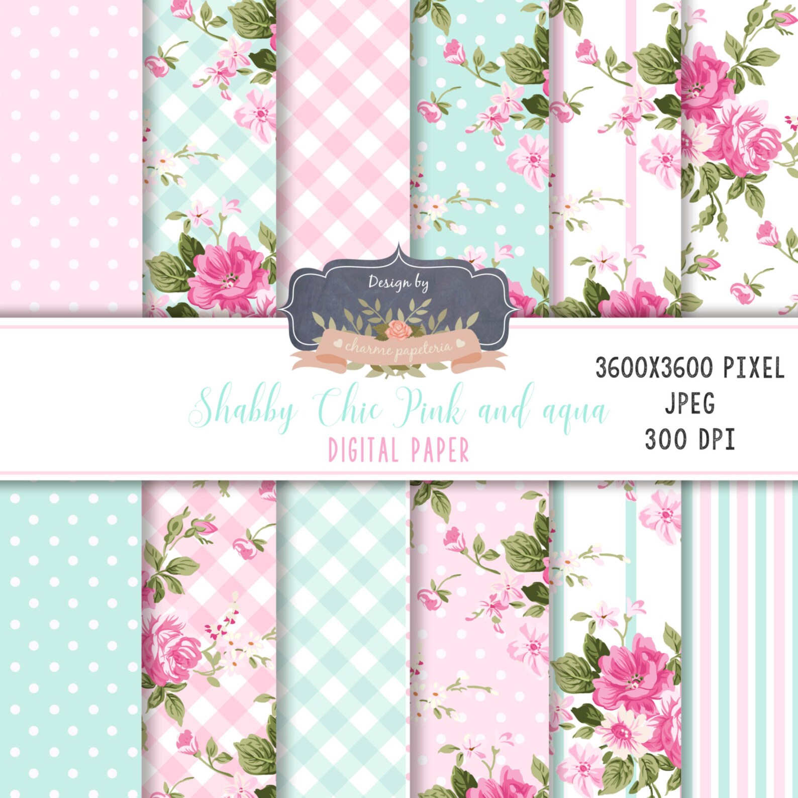 Pink and Aqua Digital Paper, Shabby Chic Paper, Planner, Scrapbook ...