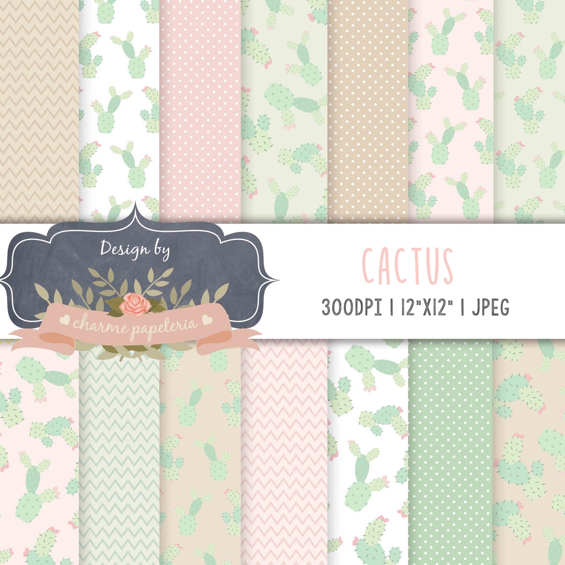 Baby Pink and Green Cactus Digital Paper Chevron Pink and | Etsy