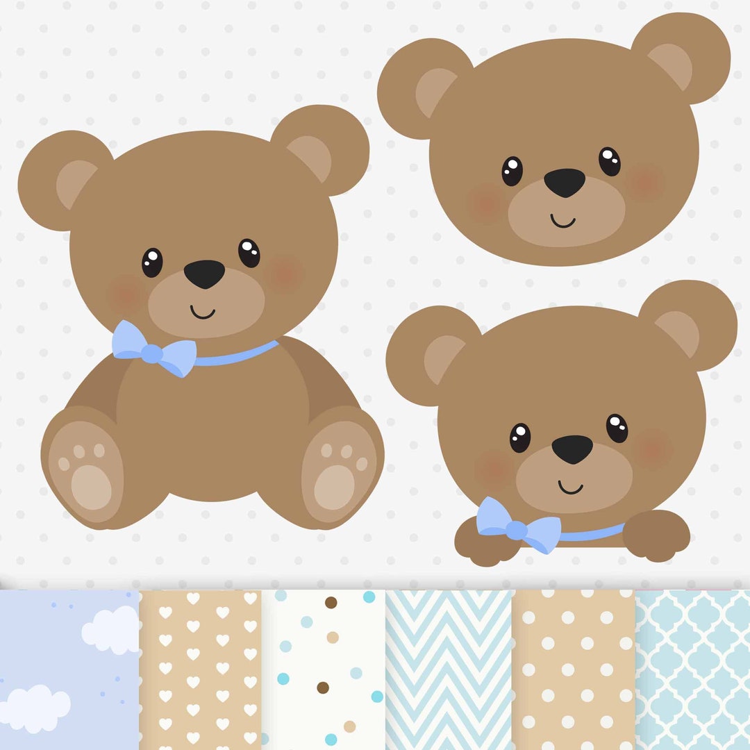 Baby Blue Teddy Bear Clipart, Baby Shower Boy Clipart and Digital Paper ...