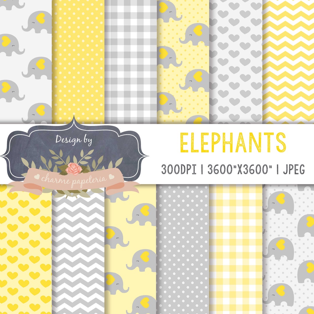 SALE Yellow Elephant Digital Paper, Gray Elephant Digital Paper, Yellow ...