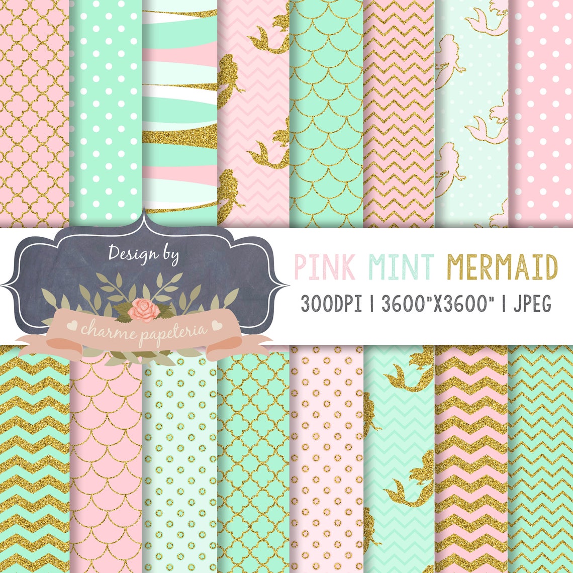Golden Mermaid Digital Paper Aqua Pink Mermaids Pattern | Etsy