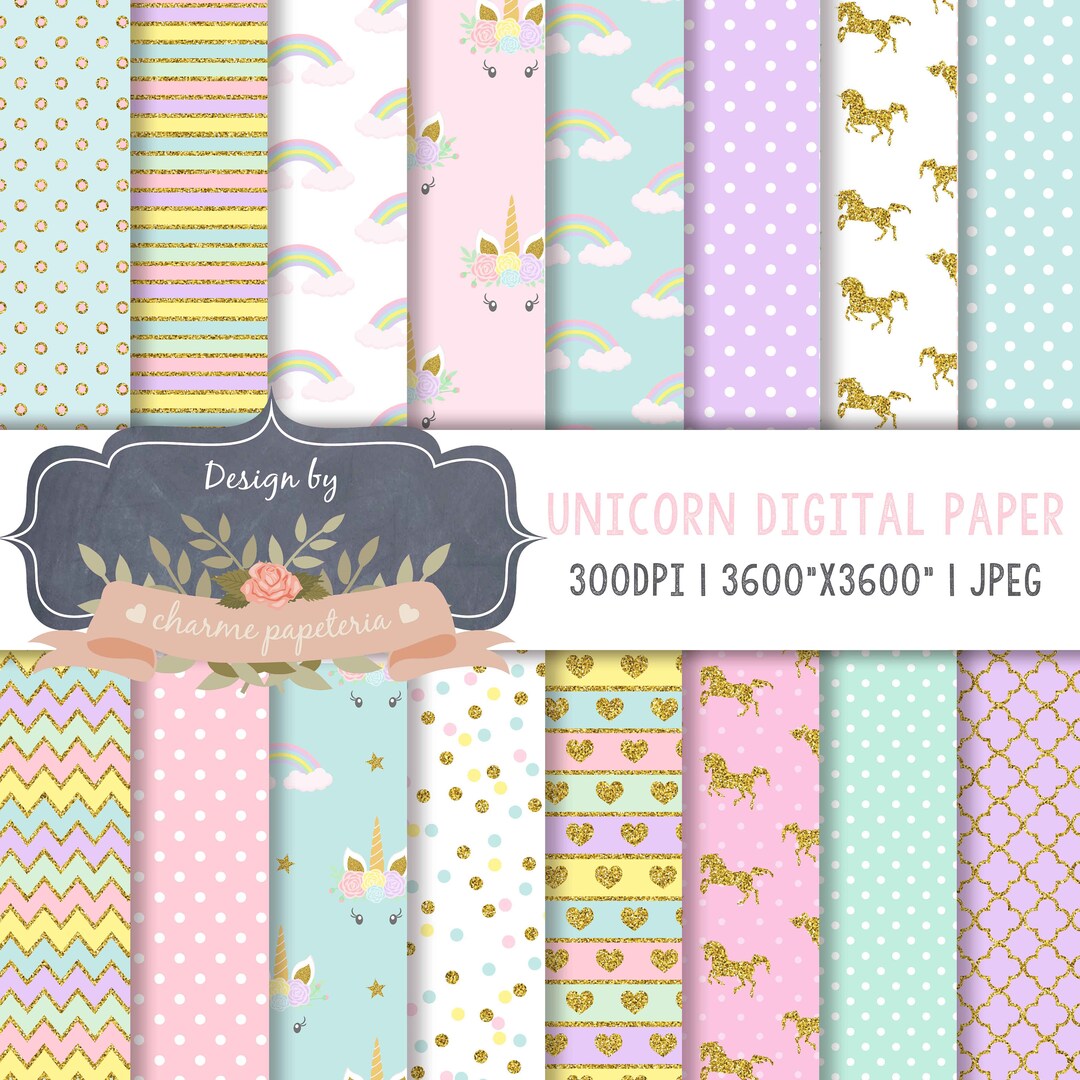 Unicorn Digital Paper, Gold Glitter Unicorn, Magical Unicorn Paper ...