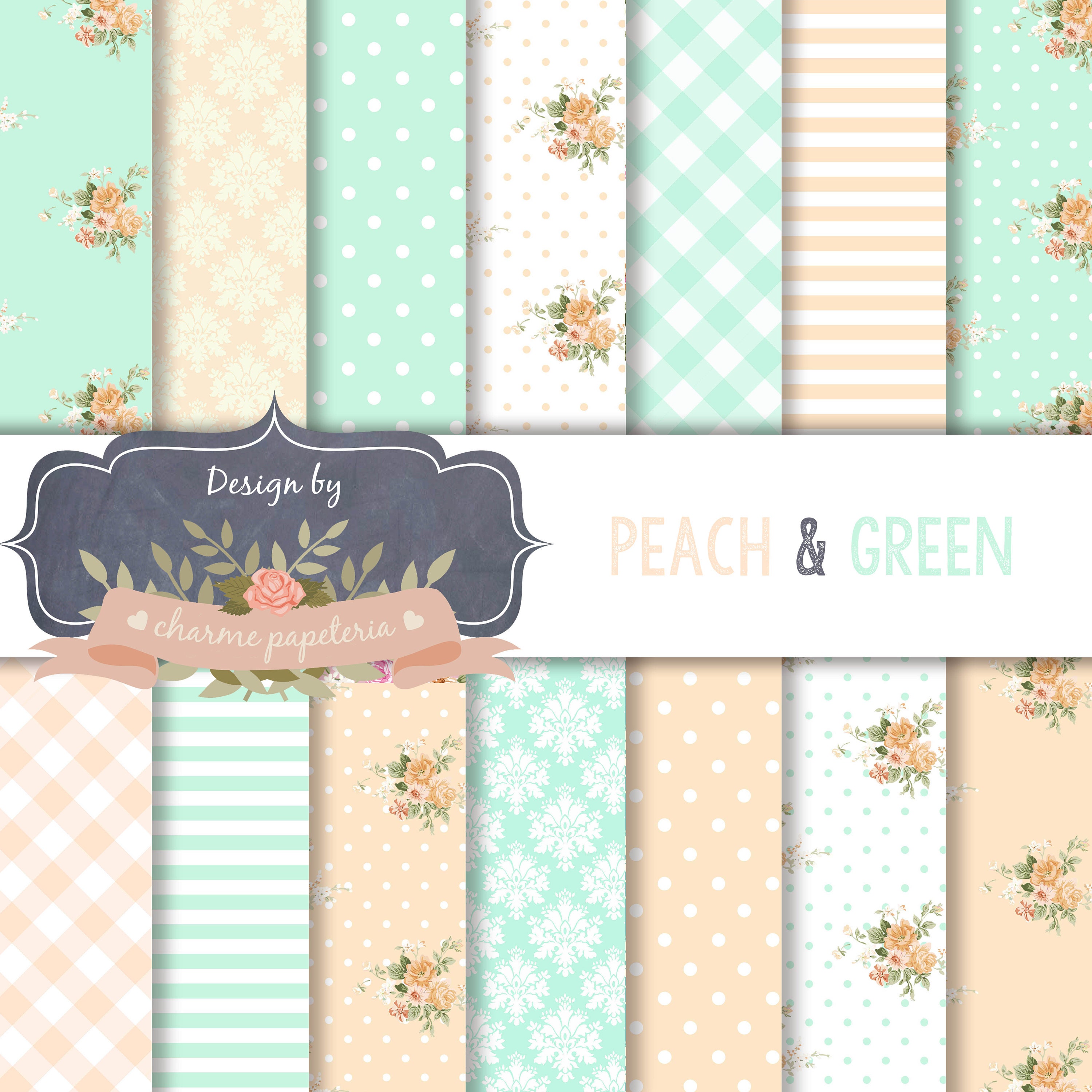 Peach and Mint Digital Paper Floral Digital Paper Flower | Etsy