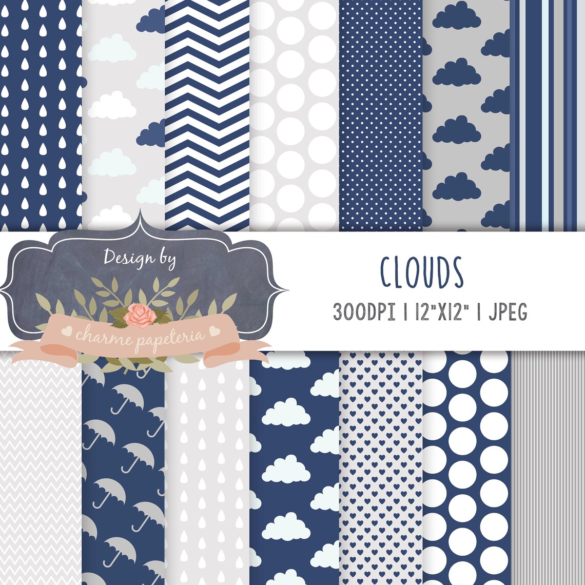 Clouds and Rain Digital Paper Dark Blue Clouds Digital - Etsy
