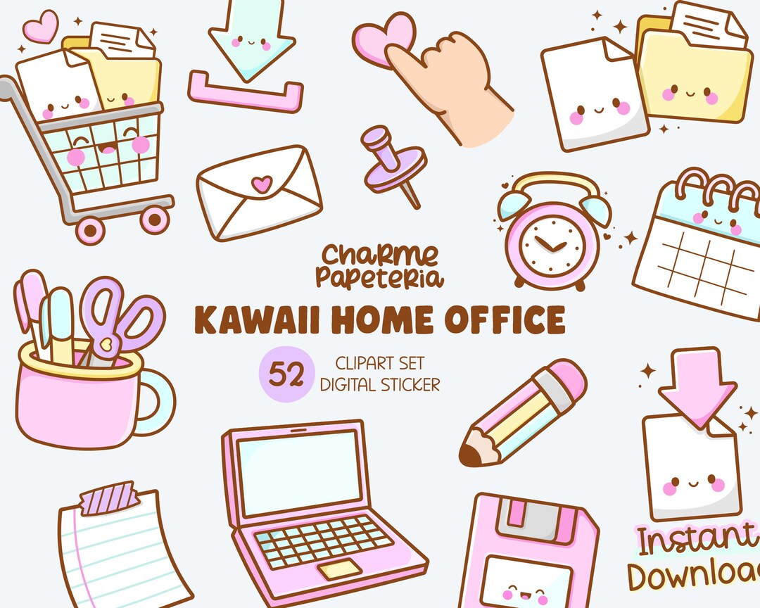 Kawaii Home Office Clipart Set | Cute Office Stickers PNG | Desk Work ...